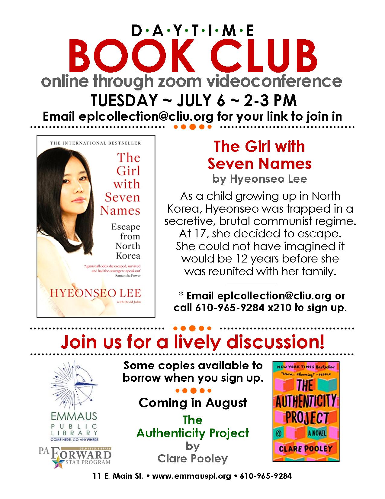 ONLINE: Daytime Book Group - The Girl With Seven Names - Emmaus Public ...