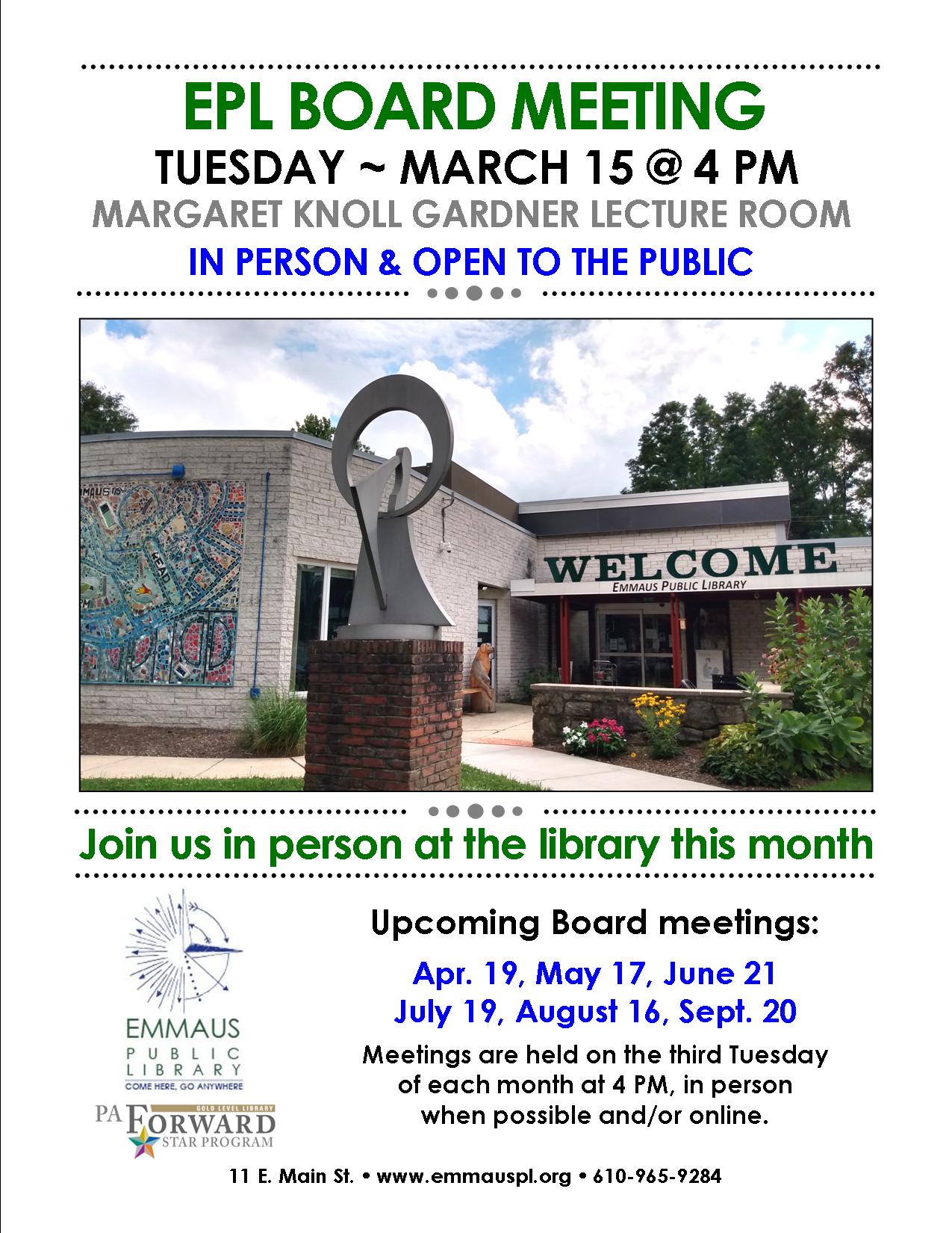 EPL Board Meeting - In person - Emmaus Public Library