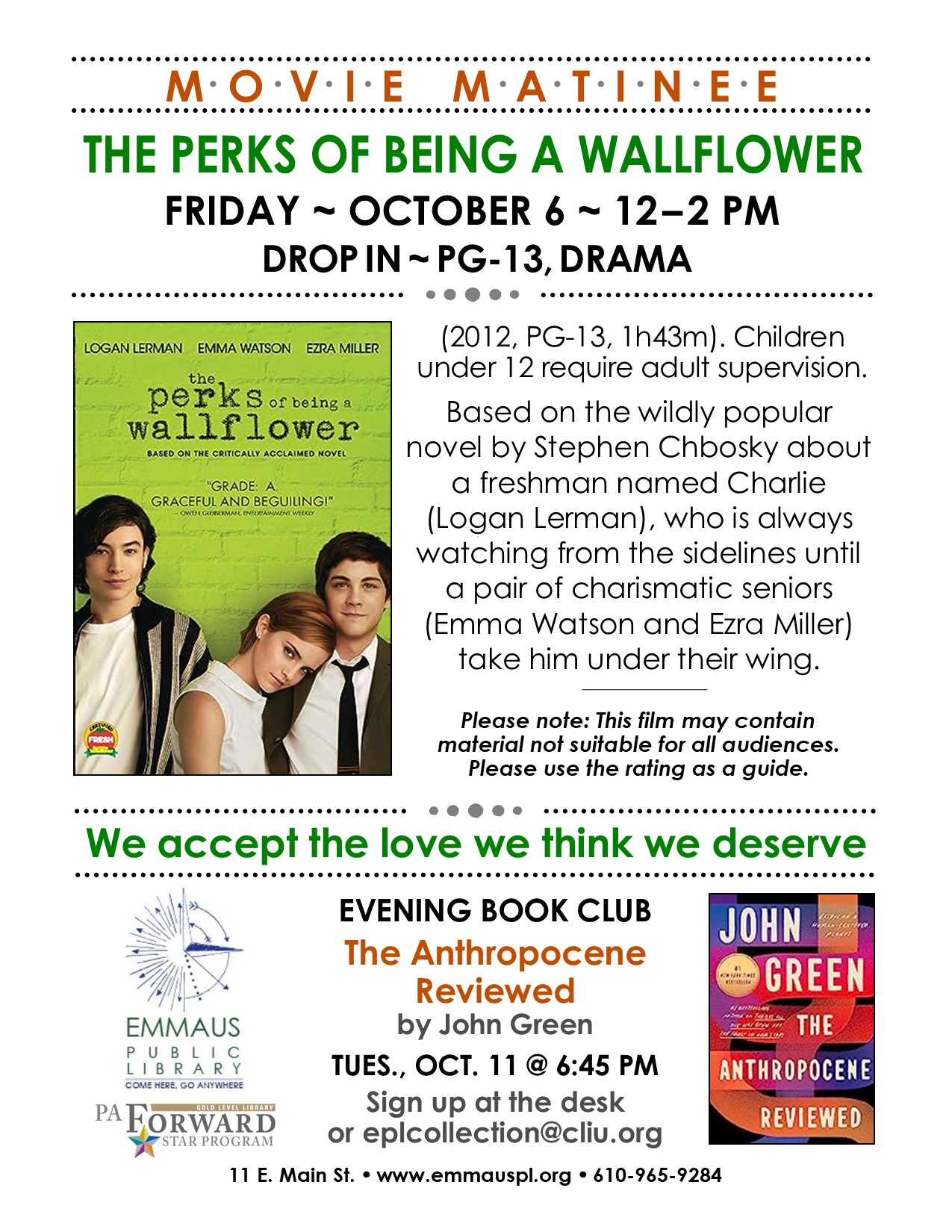 Movie Matinee: The Perks of Being a Wallflower - Emmaus Public Library