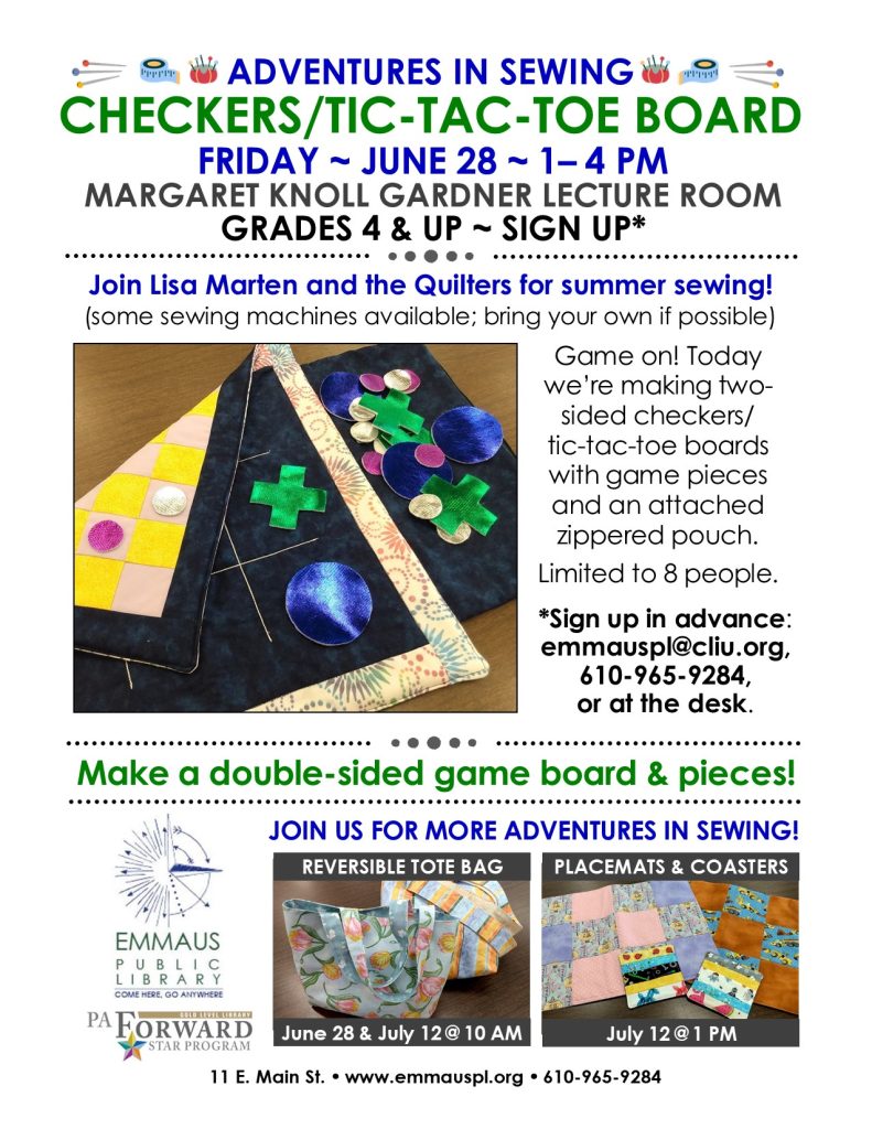Sewing for Kids & Teens: Checkers/Tic-Tac-Toe Board - Emmaus Public Library