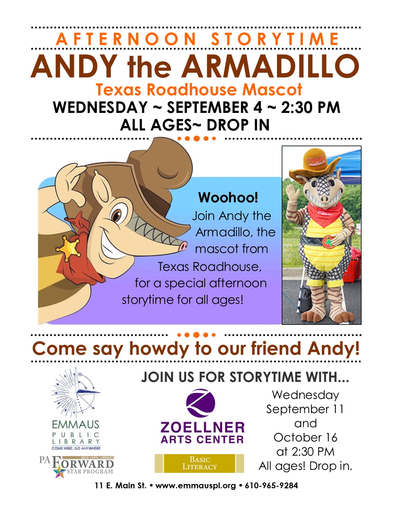 Storytime - Andy the Armadillo from Texas Roadhouse - Emmaus Public Library